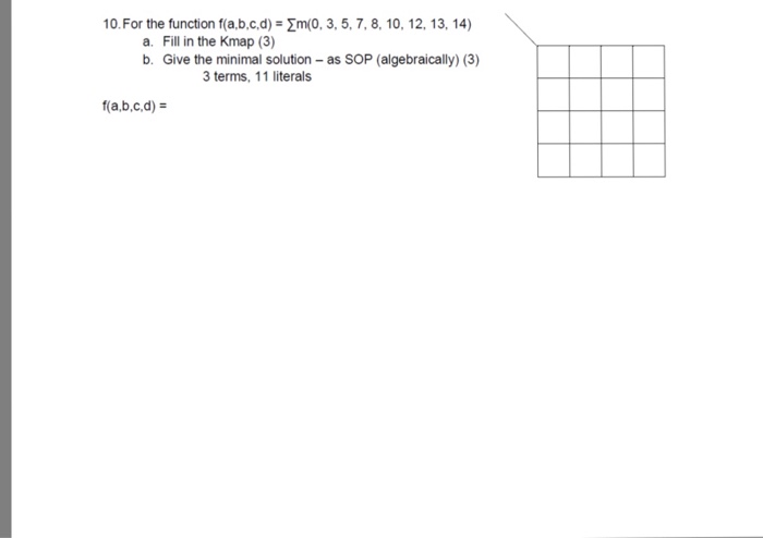 Solved For the function f (a, b, c, d) = sigma m(0, 3, 5, 7, | Chegg.com