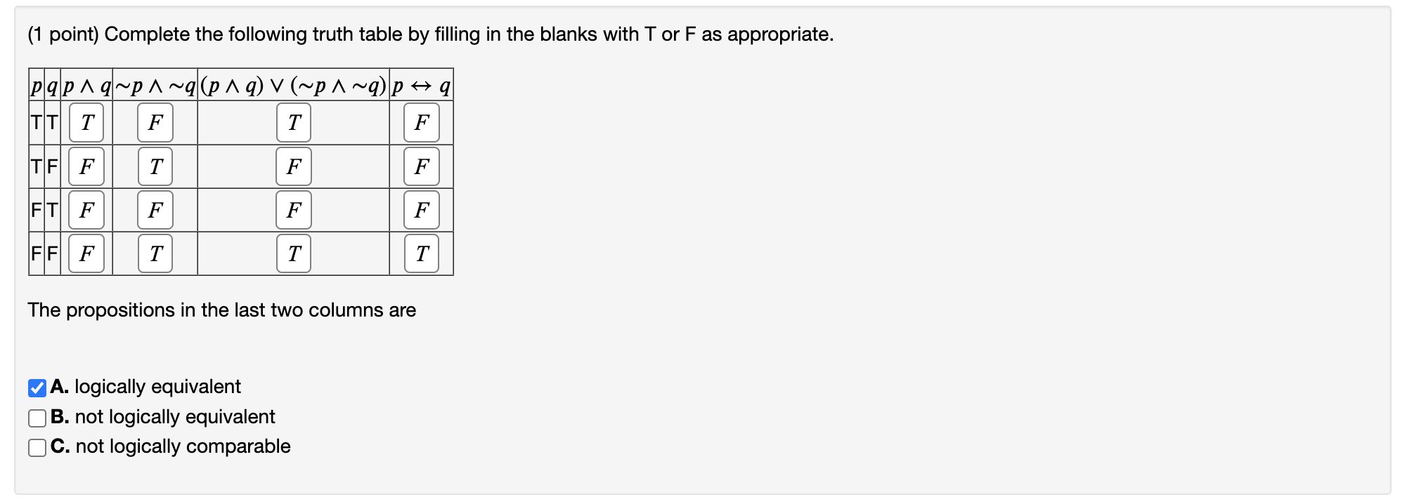Solved (1 point) Complete the following truth table by | Chegg.com