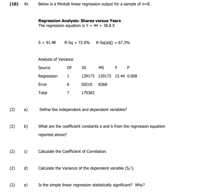 Solved (10) 4ii. ﻿Below is ﻿a Minitab linear regression | Chegg.com