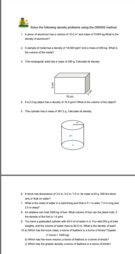 Solved Solve the following density problems using the GRASS | Chegg.com