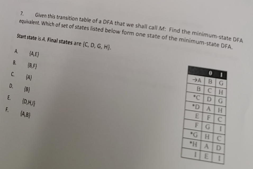 Solved 7. Given this transition table of a DFA that we shall | Chegg.com