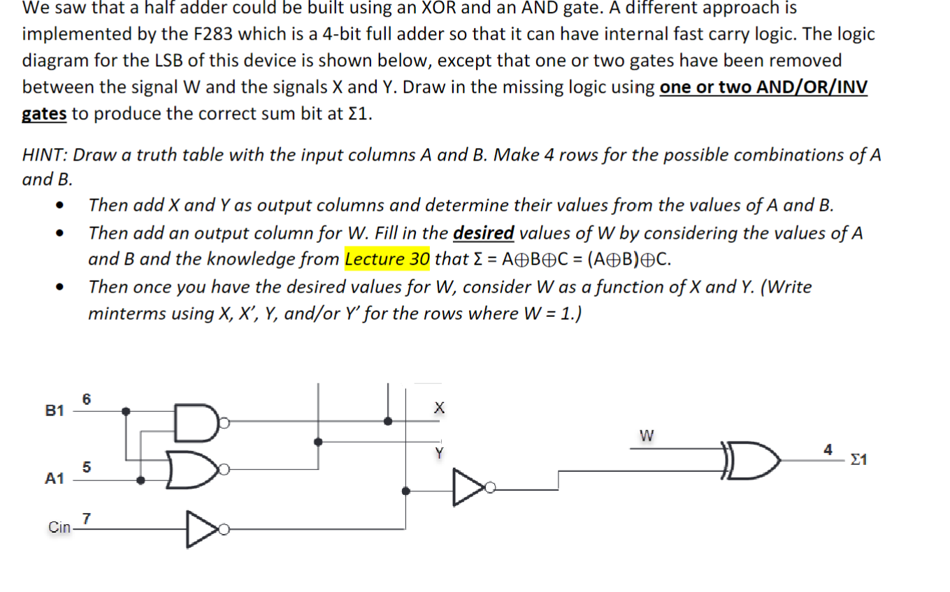 Solved We saw that a half adder could be built using an XOR | Chegg.com