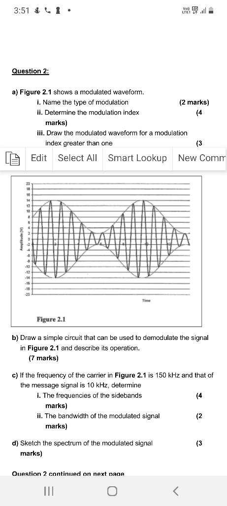 Solved 3:51 & 1. Question 2: a) Figure 2.1 shows a modulated | Chegg.com