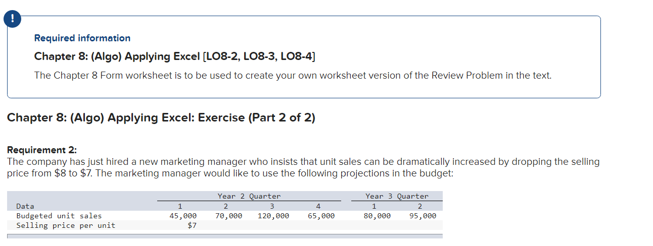 Solved Required information Chapter 8: (Algo) Applying Excel | Chegg.com
