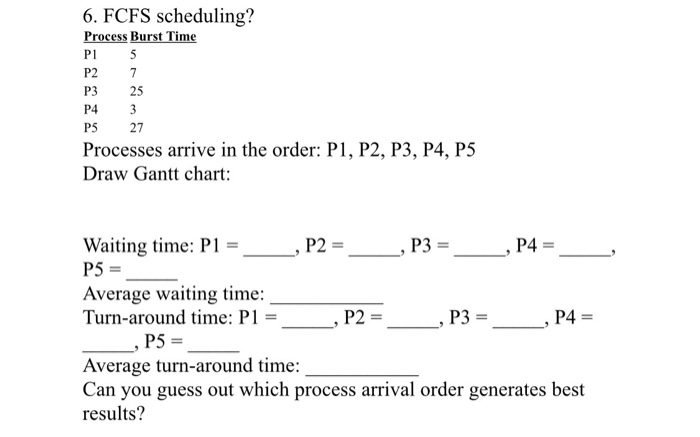 Solved 6. FCFS scheduling? Process Burst Time 5 P1 P2 7 P3 | Chegg.com