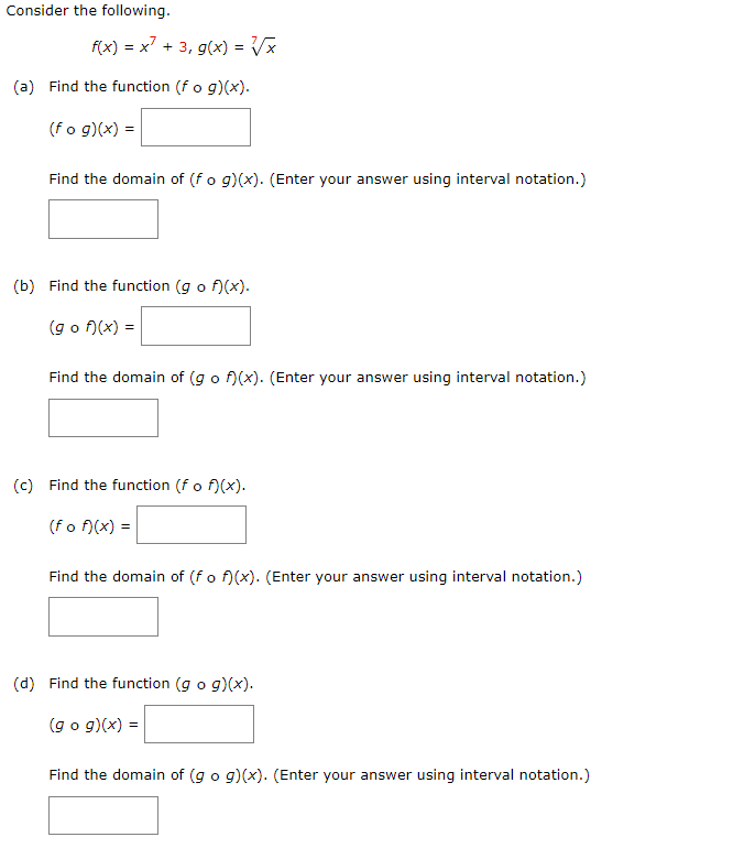 Consider the following. f(x)=x7+3,g(x)=7x (a) Find | Chegg.com