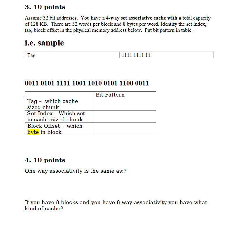 Solved 3. 10 points Assume 32 bit addresses. You have a | Chegg.com