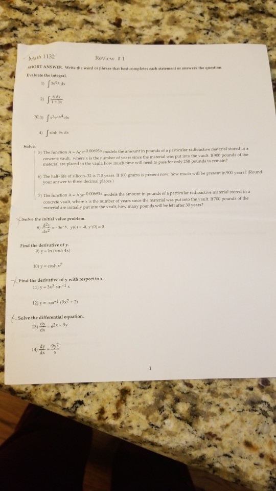 Solved Math 1132 Review #1 SHORT ANSWER. Write the word or | Chegg.com