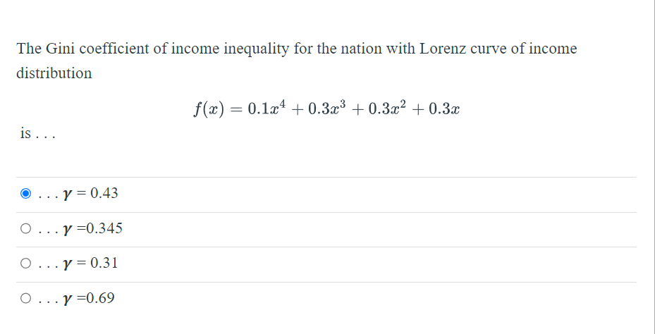 Solved The Gini coefficient of income inequality for the | Chegg.com