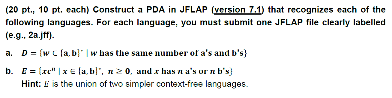 (20 pt., 10 pt. each) Construct a PDA in JFLAP | Chegg.com