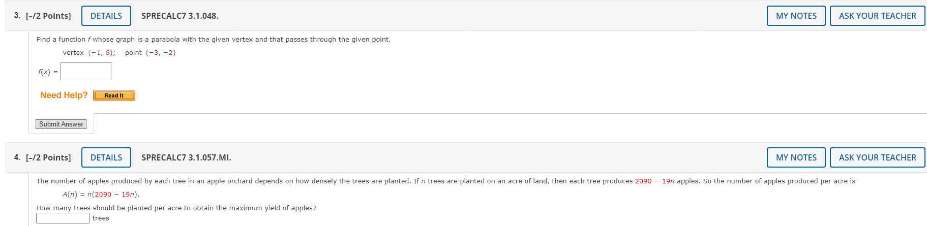 Solved 3. [-/2 Points ] SPRECALC7 3.1.048. Find a function f | Chegg.com