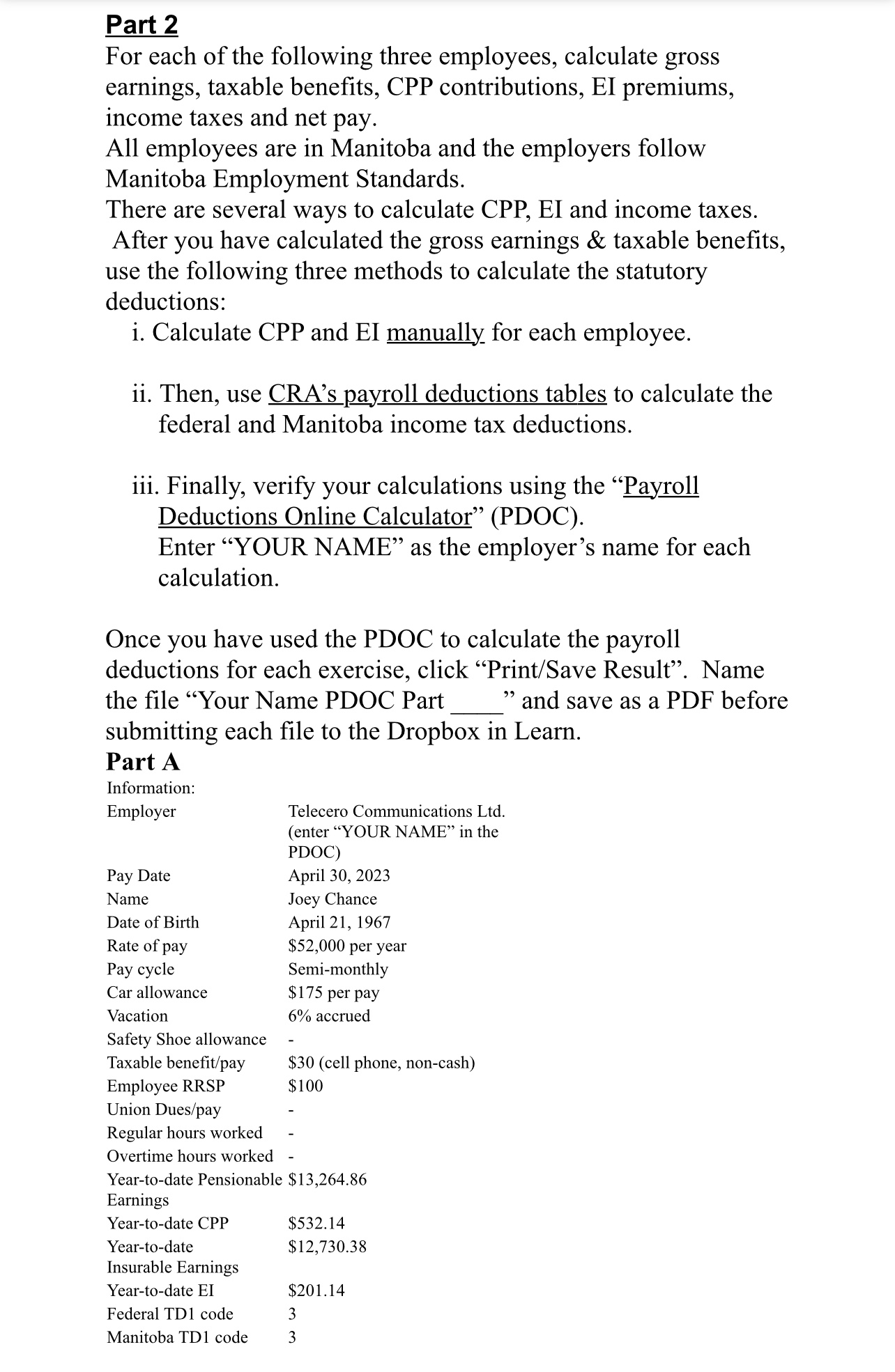 Solved Part 2 For each of the following three employees, | Chegg.com