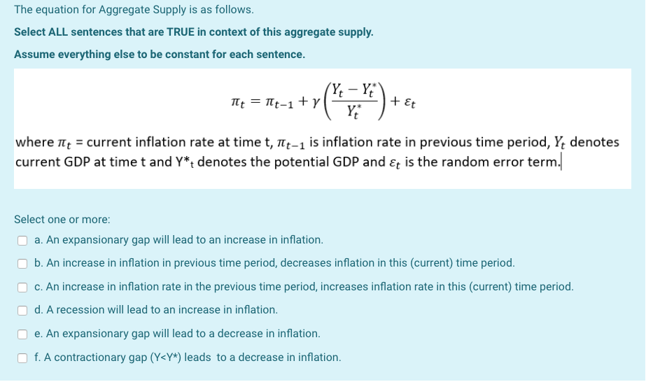 Solved The equation for Aggregate Supply is as follows. | Chegg.com