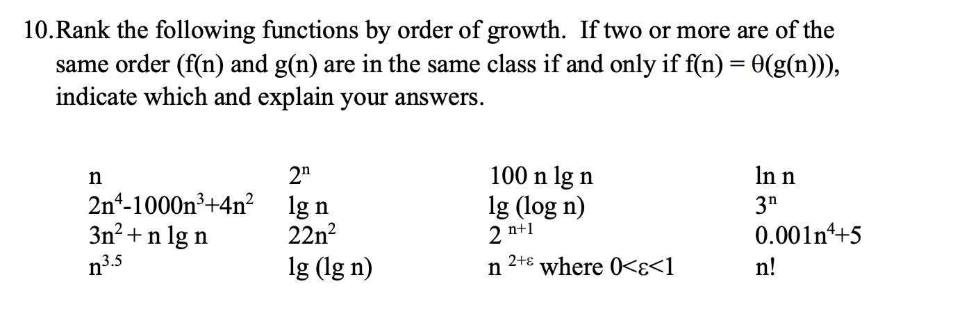Solved 10.Rank the following functions by order of growth. | Chegg.com