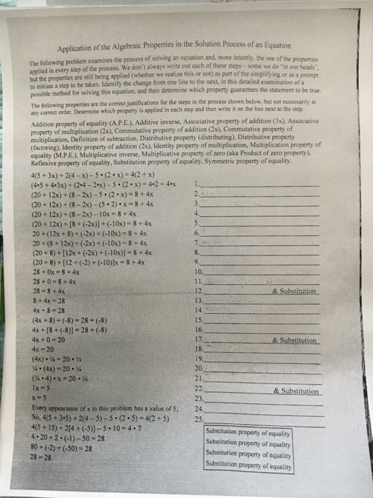 Solved Application of the Algebraic Properties in the | Chegg.com