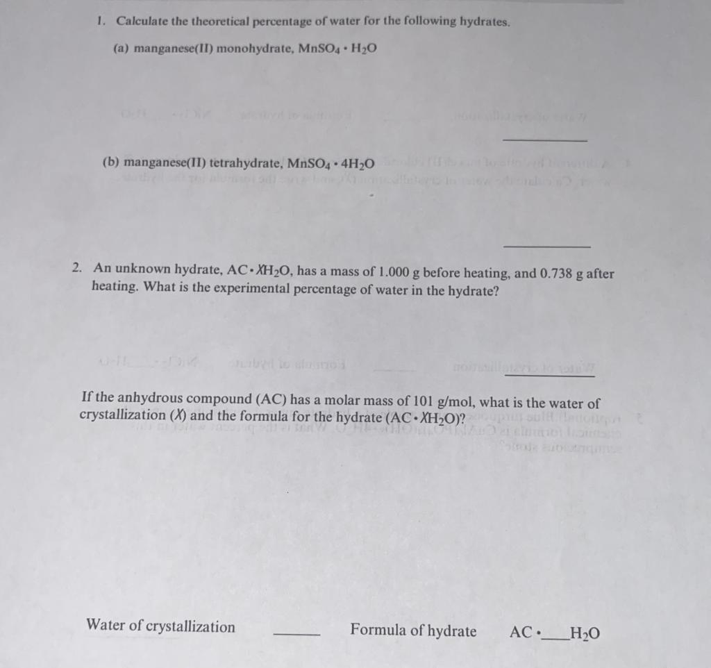 Solved Percentage of water in Alum Hydrate. Show the | Chegg.com