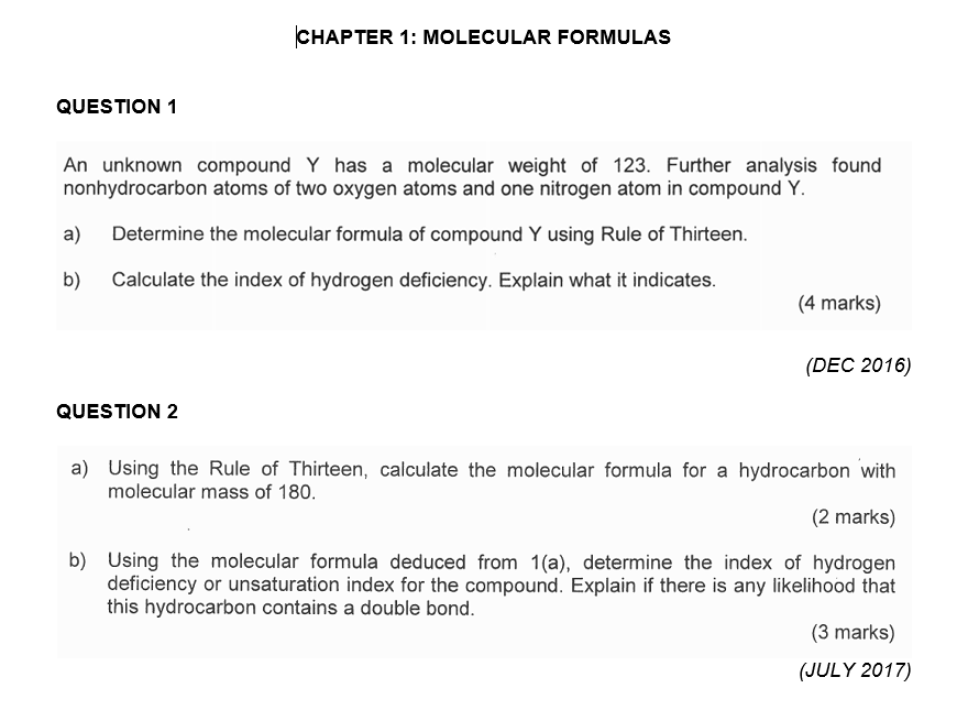 Solved CHAPTER 1: MOLECULAR FORMULAS QUESTION 1 An unknown | Chegg.com