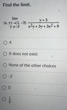 Solved Find the limit. lim(x,y)→(1,−3)y =−3x2y+3y+3x2+9y+3 4 | Chegg.com