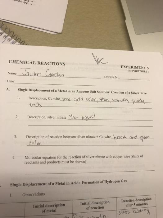 Solved CHEMICAL REACTIONS EXPERIMENT 5 REPORT SHEET Name | Chegg.com