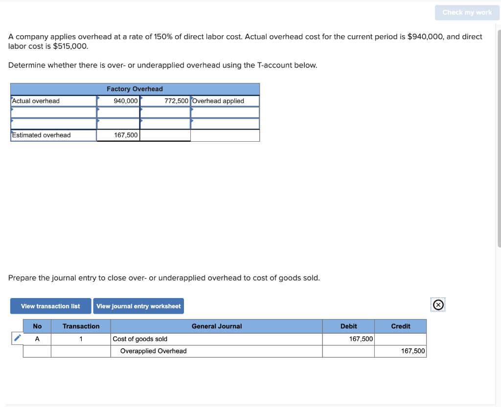 Solved Check my work A company applies overhead at a rate of | Chegg.com