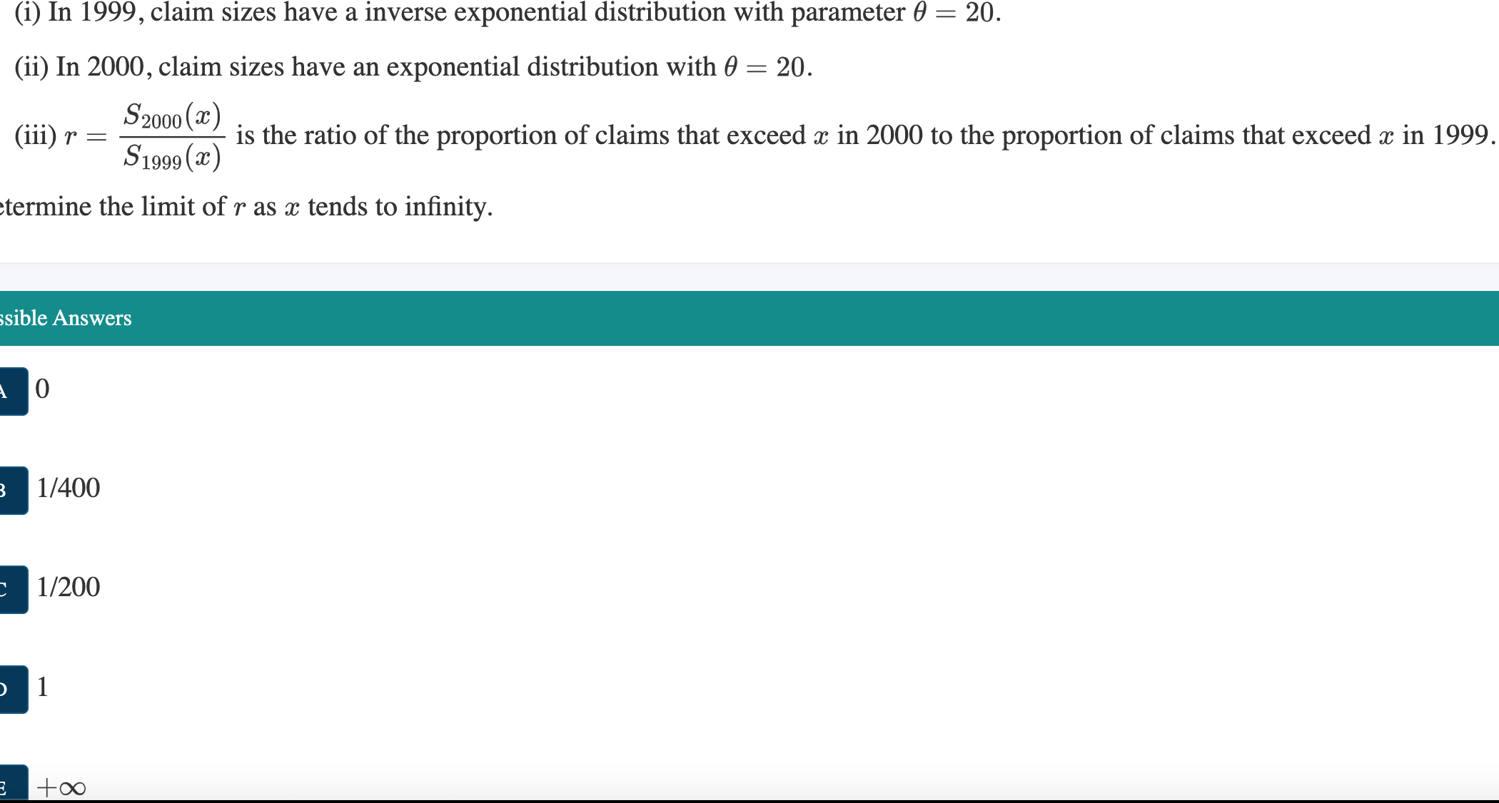 Solved (i) In 1999 , claim sizes have a inverse exponential | Chegg.com