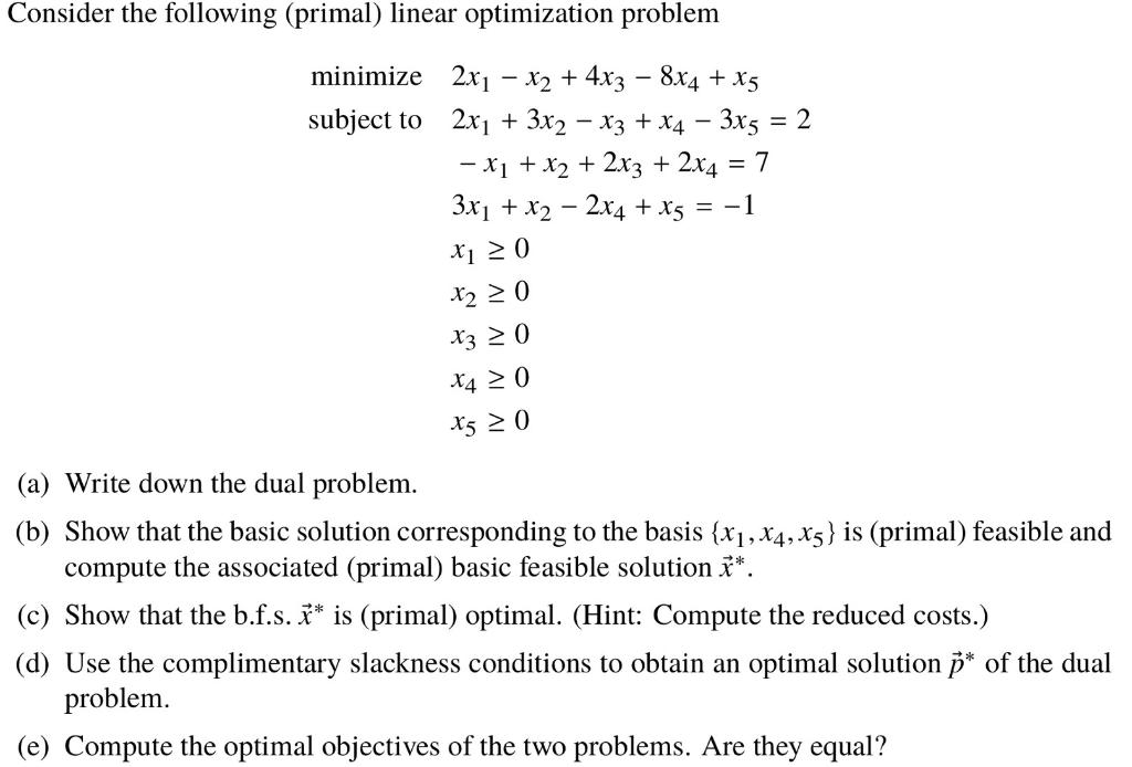 Solved Consider the following (primal) linear optimization | Chegg.com