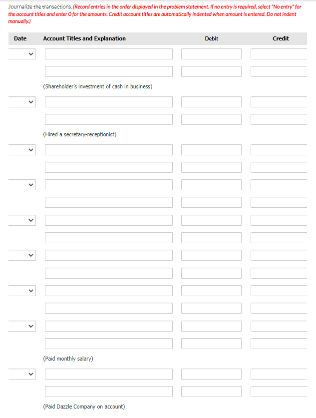 Solved Journalize the transactions. (Record entries in the | Chegg.com