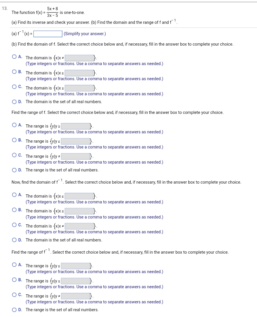Solved The function f(x)=3x−55x+8 is one-to-one. (a) Find | Chegg.com