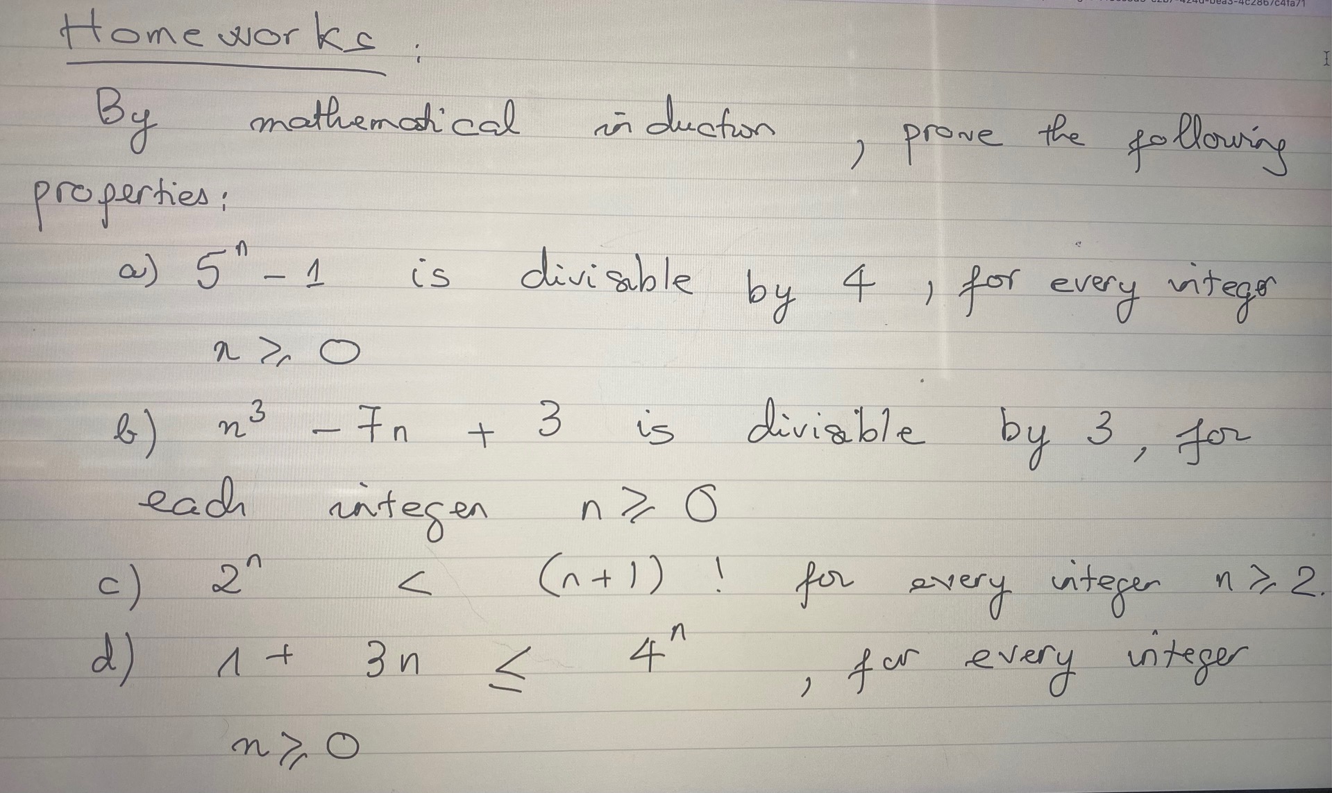 Solved Homeworks: By mathematical induction, prove the | Chegg.com