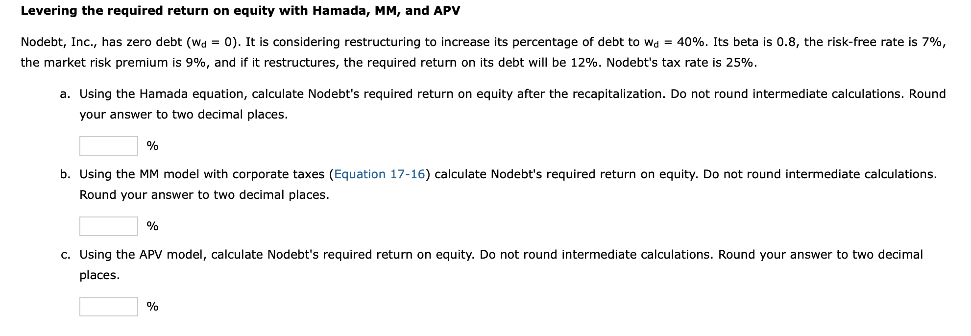 Solved Levering the required return on equity with Hamada, | Chegg.com