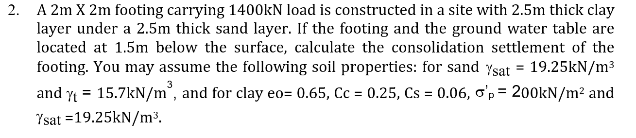 Solved 2. A 2m X 2m footing carrying 1400kN load is | Chegg.com