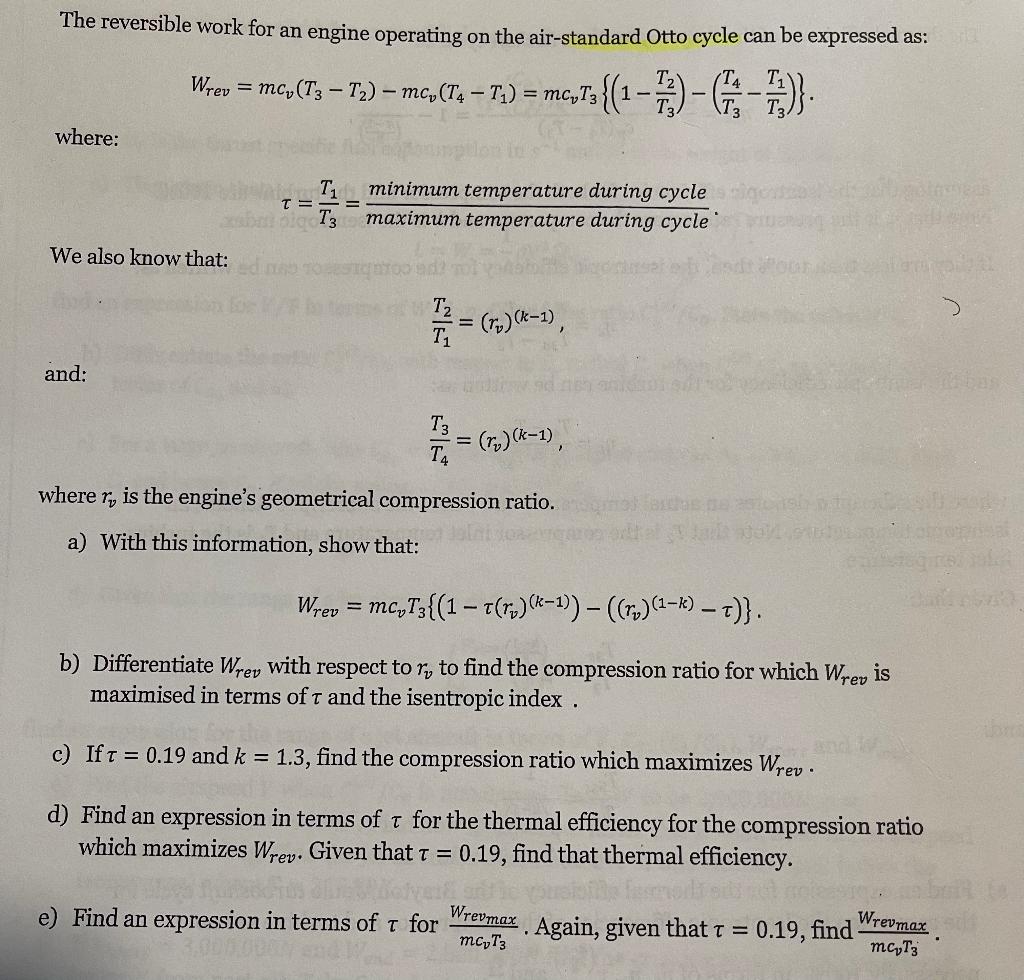 Solved The reversible work for an engine operating on the | Chegg.com