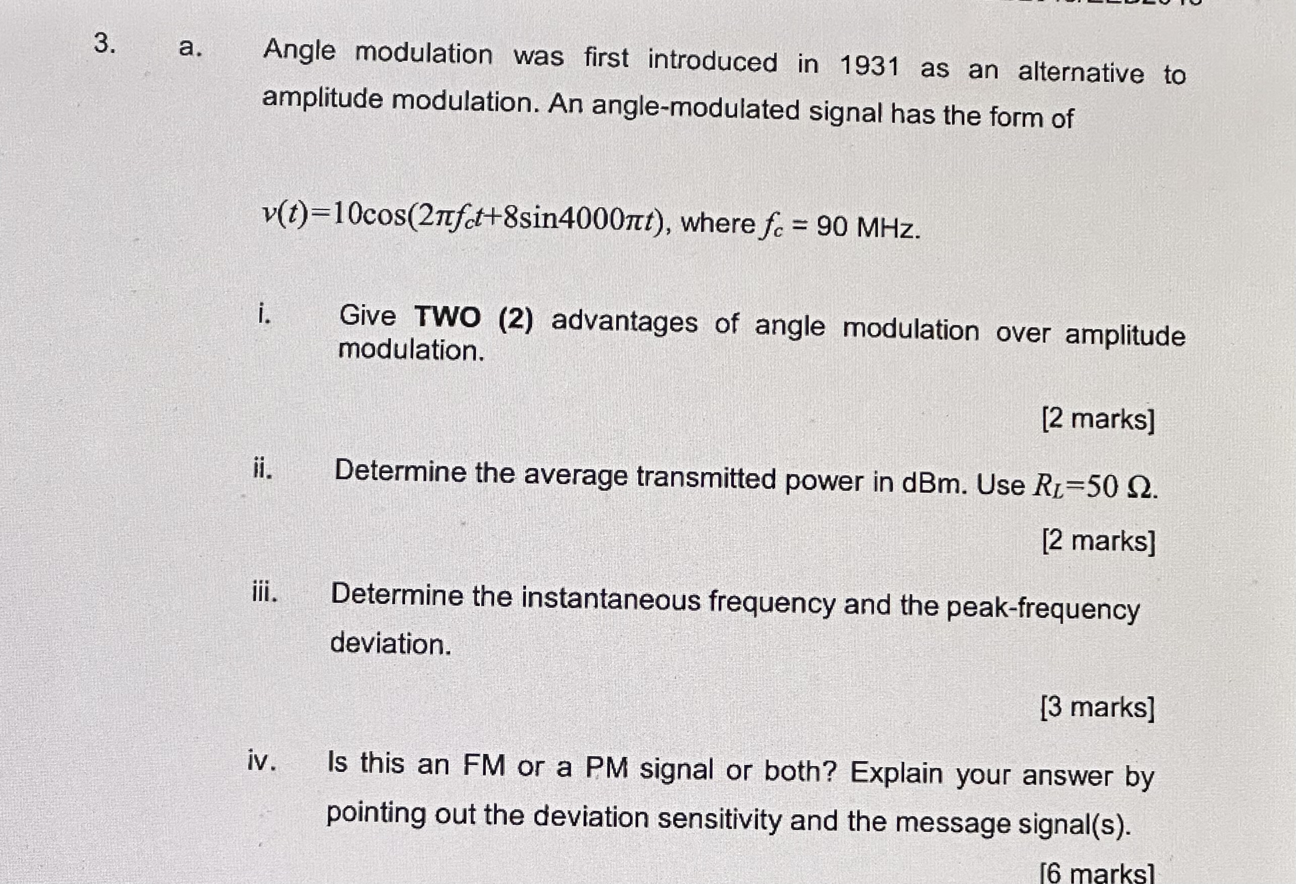Solved a. Angle modulation was first introduced in 1931 as | Chegg.com