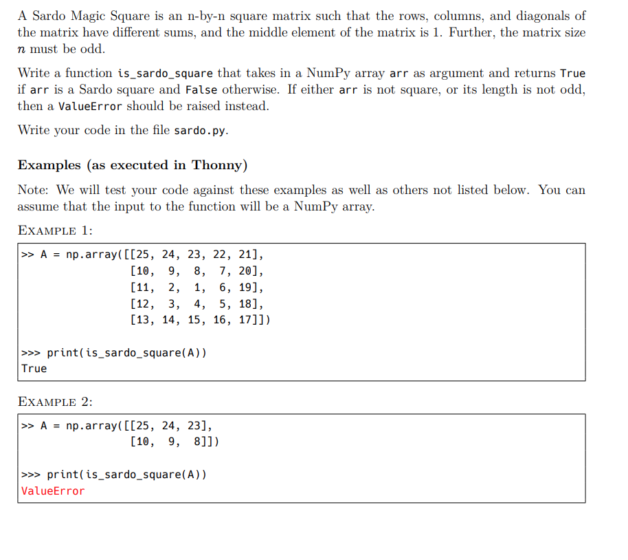 Solved A Sardo Magic Square Is An N By N Square Matrix Such 