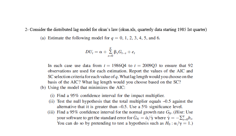 2- Consider the distributed lag model for okun's law | Chegg.com