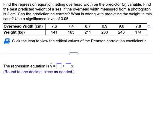 Solved Find the regression equation, letting overhead width | Chegg.com