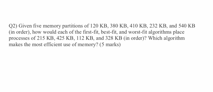 Solved Q2) Given five memory partitions of 120 KB, 380 KB, | Chegg.com