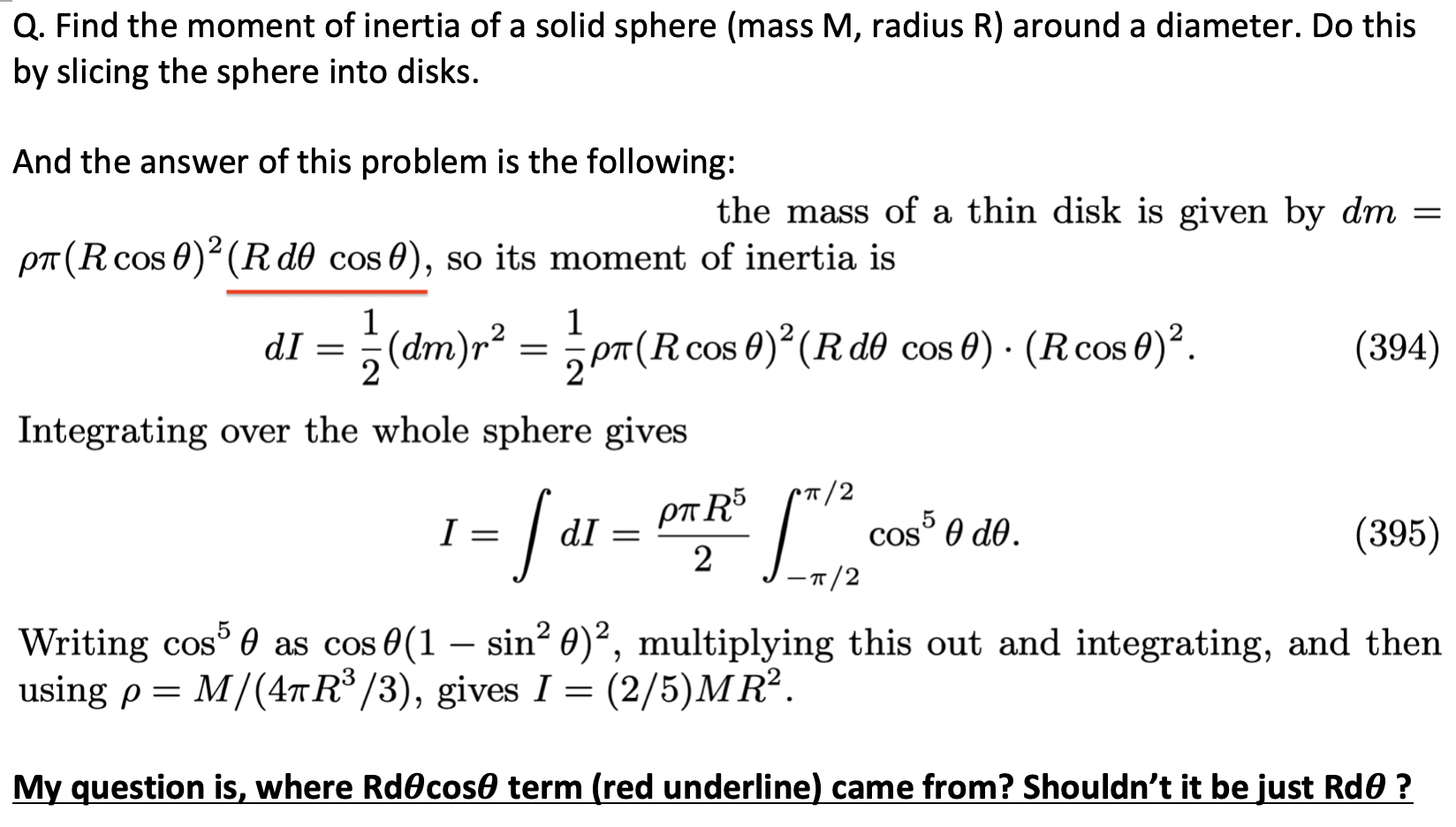 Solved Q. Find the moment of inertia of a solid sphere (mass | Chegg.com