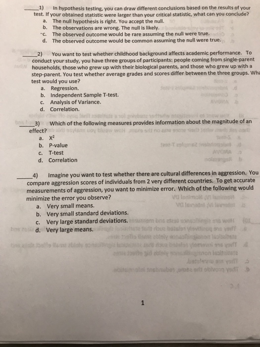 Solved 1) In hypothesis testing, you can draw different | Chegg.com