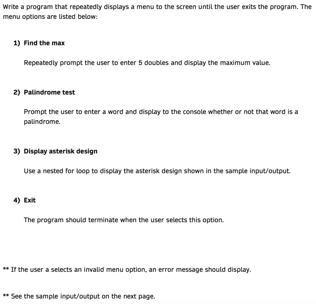 Solved Write A Program That Repeatedly Displays A Menu To 