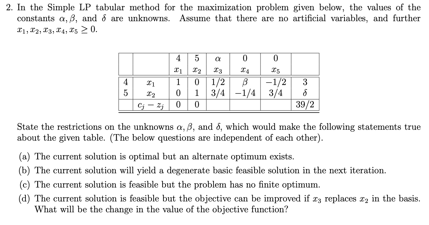 2. In the Simple LP tabular method for the | Chegg.com