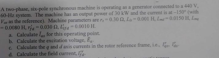 Solved A two-phase, six-pole synchronous machine is | Chegg.com