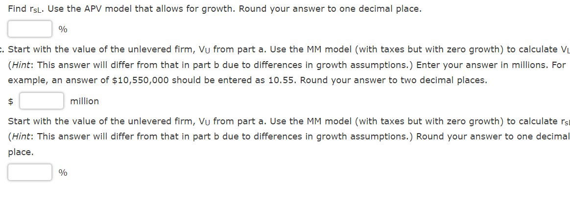 Find rsl. Use the APV model that allows for growth. | Chegg.com