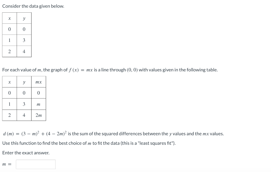 Solved Consider the data given below. For each value of m, | Chegg.com
