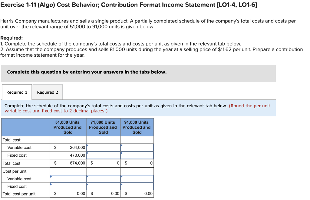 Solved Exercise 1-11 (Algo) Cost Behavior; Contribution | Chegg.com