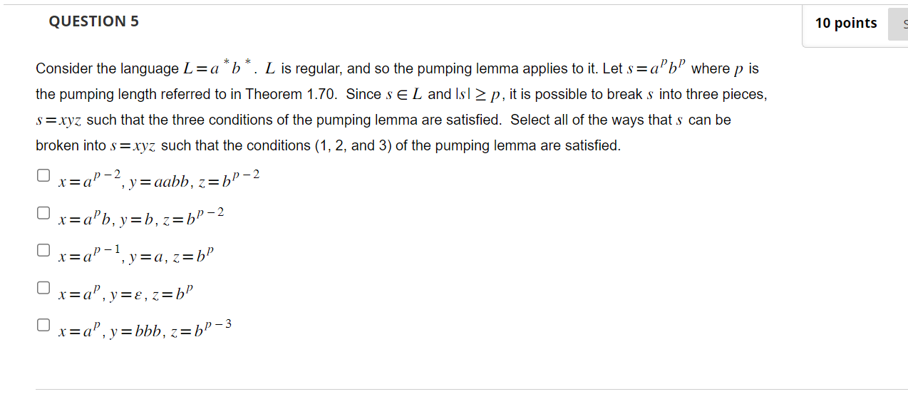 Solved This problem concerns the pumping lemma (Theorem | Chegg.com