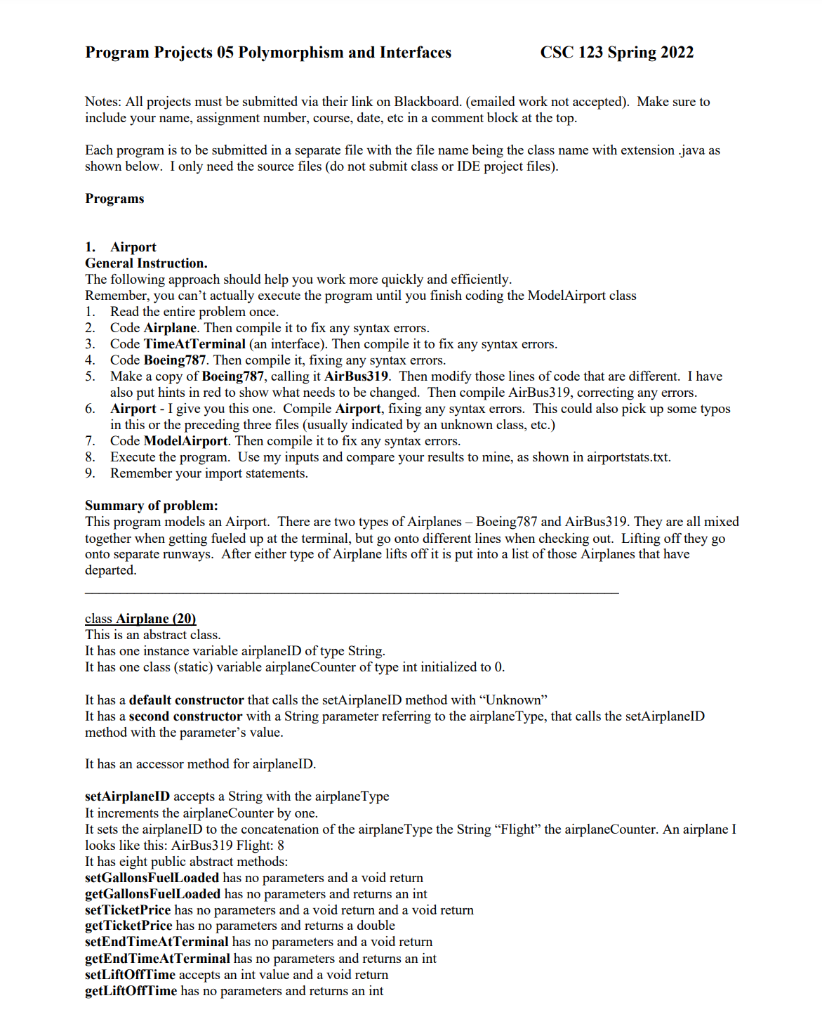 Program Projects 05 Polymorphism and Interfaces CSC | Chegg.com