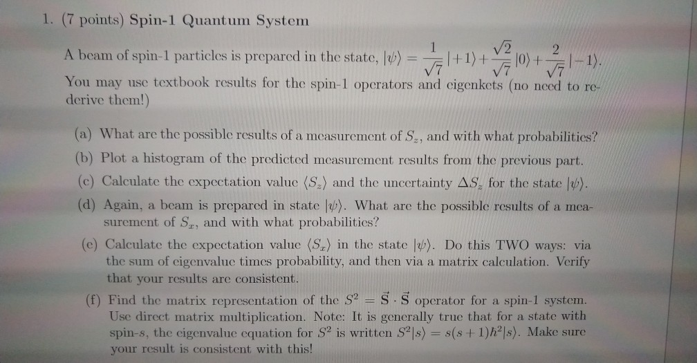 Solved 1. (7 points) Spin-1 Quantum System Vi+1)+ vol+1)+ | Chegg.com