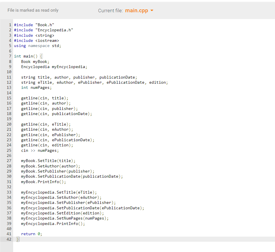 Solved Given main 0 and a base Book class, define a derived | Chegg.com