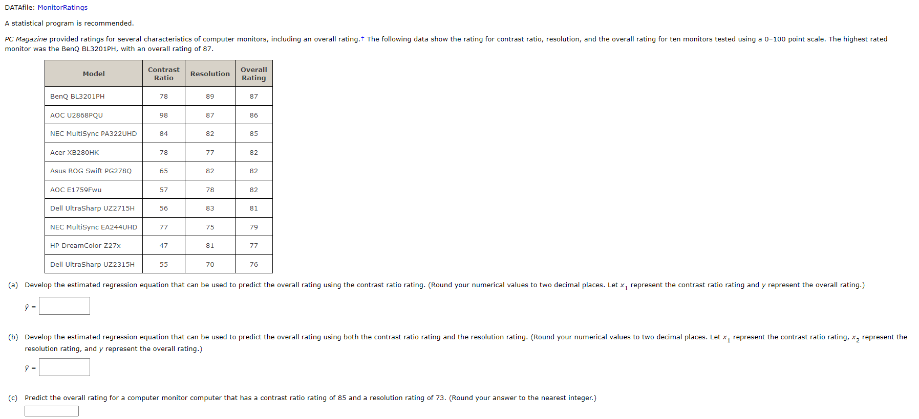 Solved DATAfile: MonitorRatings A statistical program is | Chegg.com